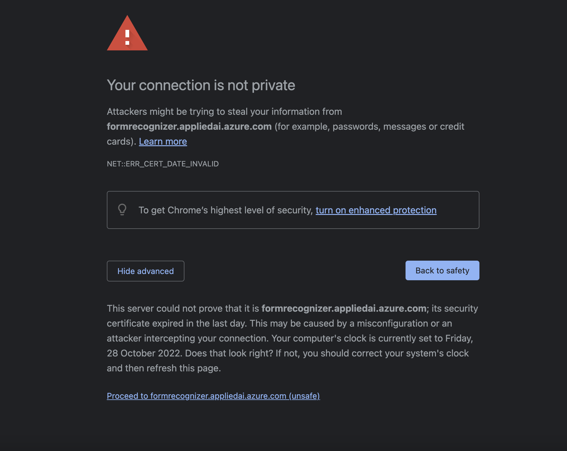 Form Recognizer Studio is down: "You connection is not private" ? - Microsoft Q&A