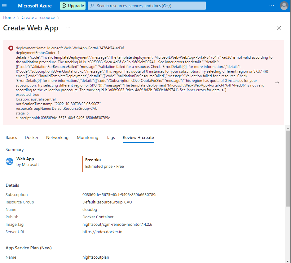 Can't create web app in Central Australia Region - Microsoft Q&A