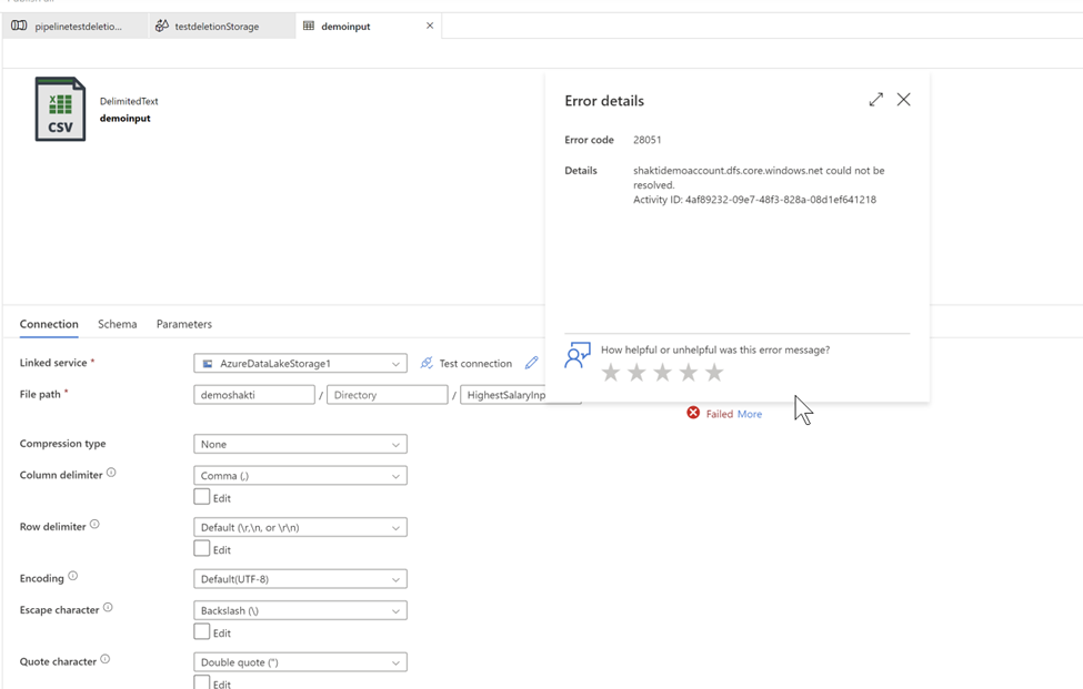 InvalidAbfsRestOperationExceptionjava.net.UnknownHostException : Pipeline failed while loading ...