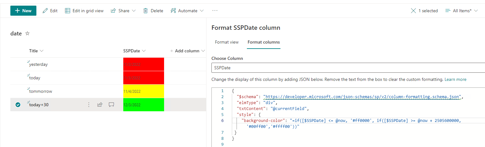 Sharepoint 2016 Json Date Formatting Green Today 30 Days Or More Orange If Today Today 29 5241
