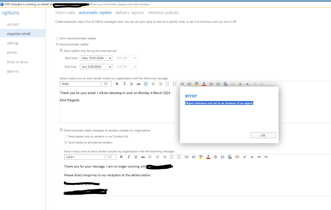 "Object reference not set to an instance of an object." while configuring Out-of-Office message ...