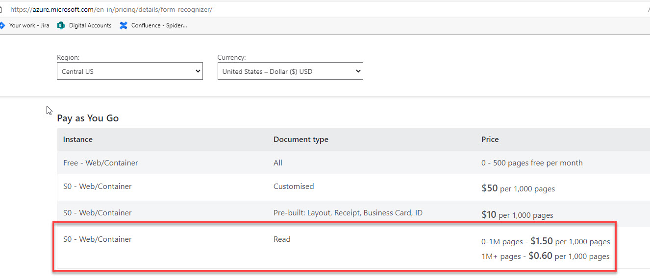 Azure Form Recognizer - Provisioning the "S0/Web" instance for "Read" Document Type - Microsoft Q&A