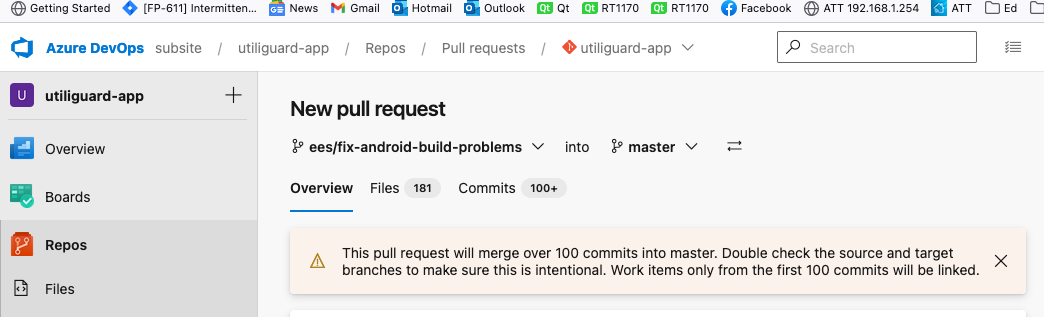 What does PR message mean "Work items only from the first 100 commits will be linked ...