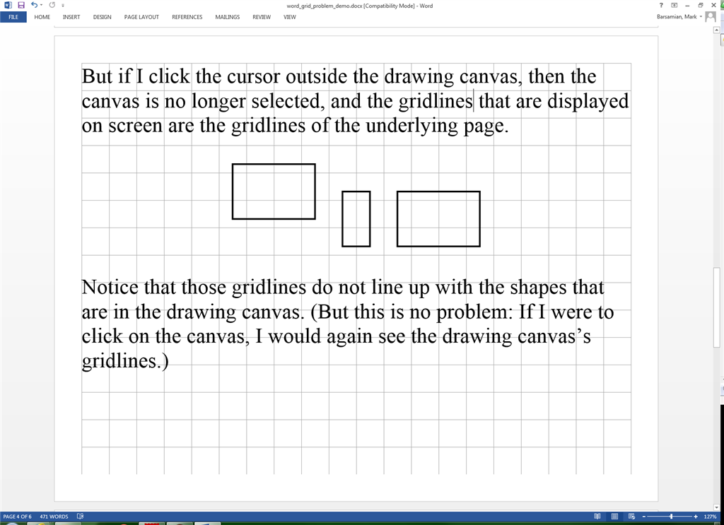 How can I get a floating grid in a drawing canvas in Word 2013 ...
