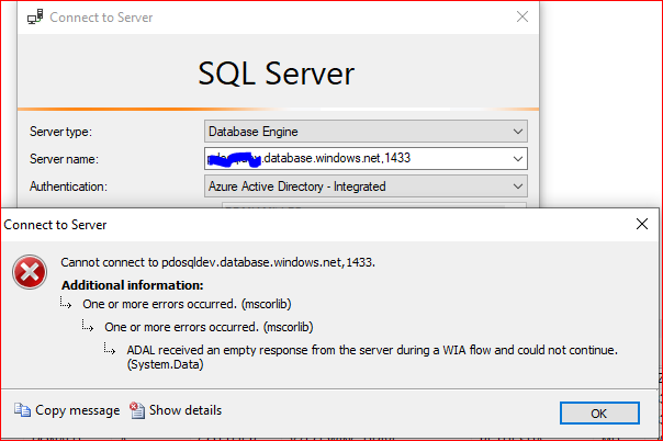 Ssms Connection To Azuresql Database Adal Error After Not Using For An Hour Or So Microsoft Qanda