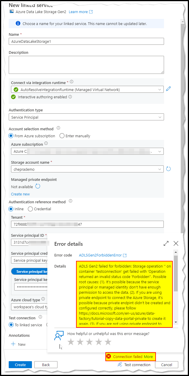 Not able to create Azure Data lake Storage Gen 2 Linked service in ...
