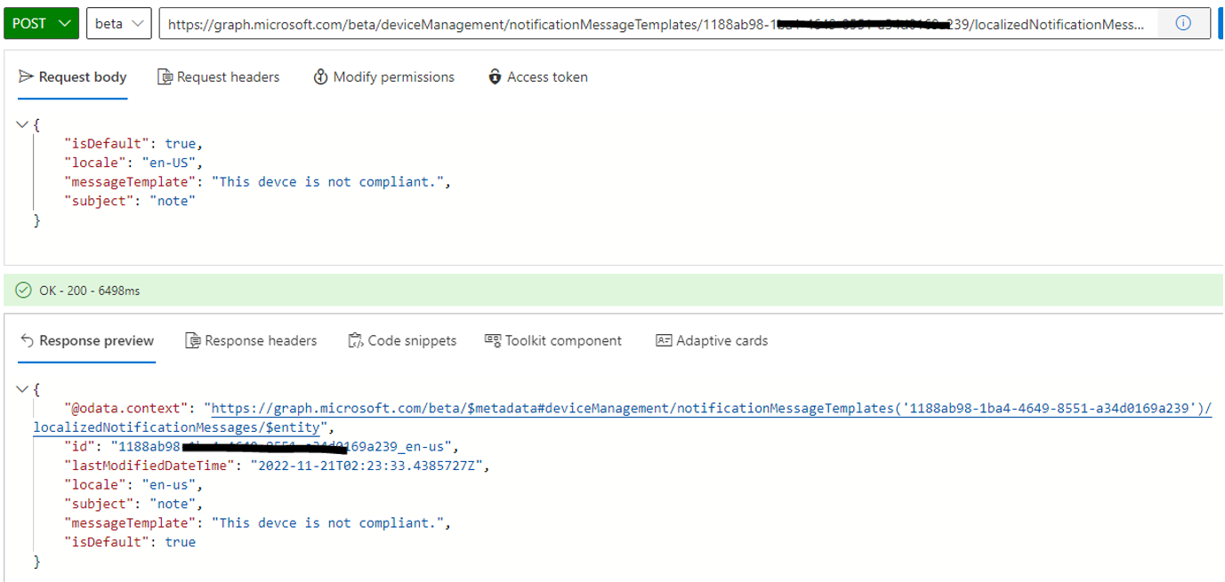 is there any placeholder to pass message and subject in graph api v1.0 for Compliance policies ...