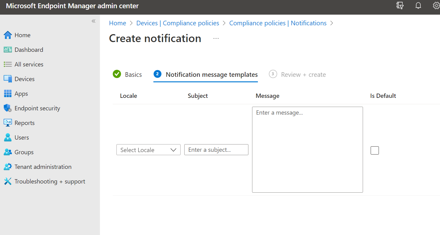 is there any placeholder to pass message and subject in graph api v1.0 for Compliance policies ...