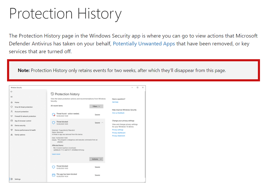protection history no recent actions - Microsoft Q&A