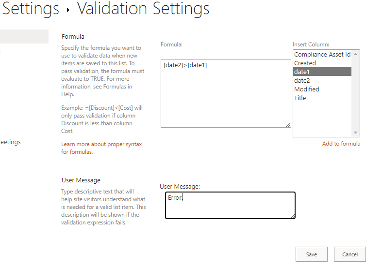 Validate two date columns in SharePoint 2019 - Microsoft Q&A