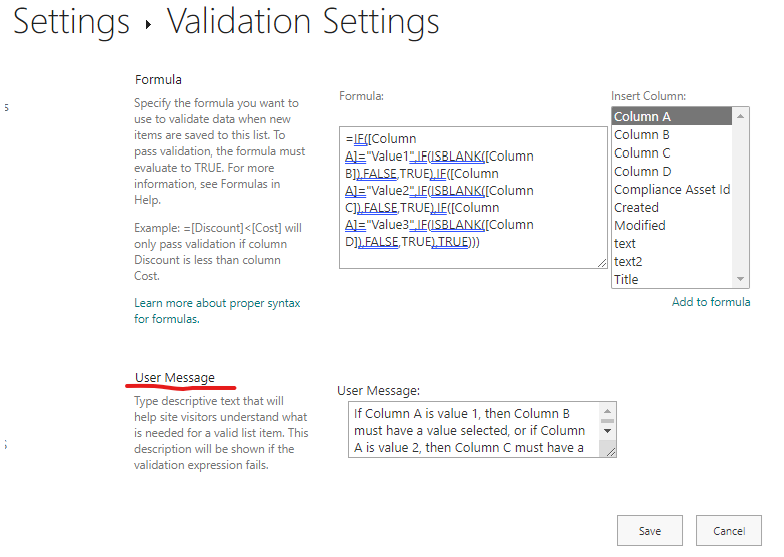 Sharepoint Validation Formula To Require Data In One Of 3 Columns Based Upon Value In Another 8236