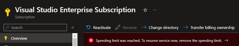 Spending limit reached for Visual Studio Enterprise Subscription in ...