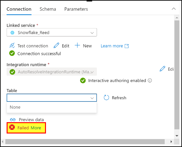 Trying To Use Azure Synapse Linked Service To Pull Data From Snowflake
