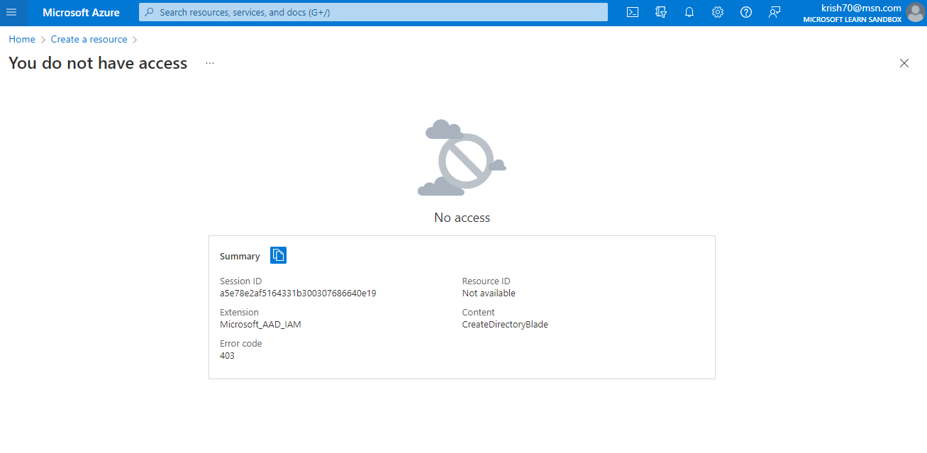 unable to crete Azure Active Directory tenant in Microsoft Sandbox - Microsoft Q&A