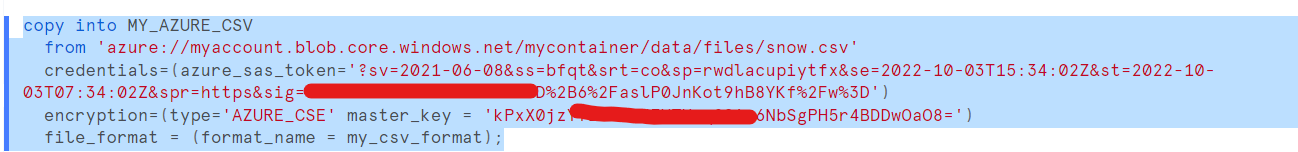 Unable To Create A Master Key For Encryption To Load Data Into Snowflake Table From Azure