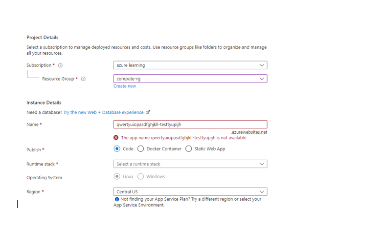 unable to choose a available name for web app service - Microsoft Q&A