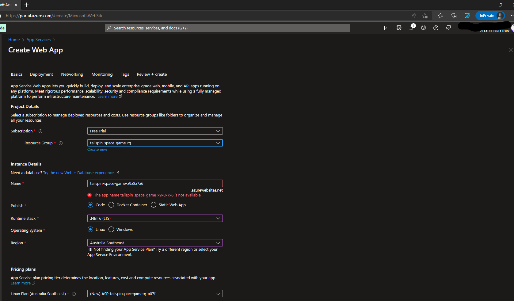 Kept getting 'The app name xxxx is not available' when i tried to create web app. - Microsoft Q&A