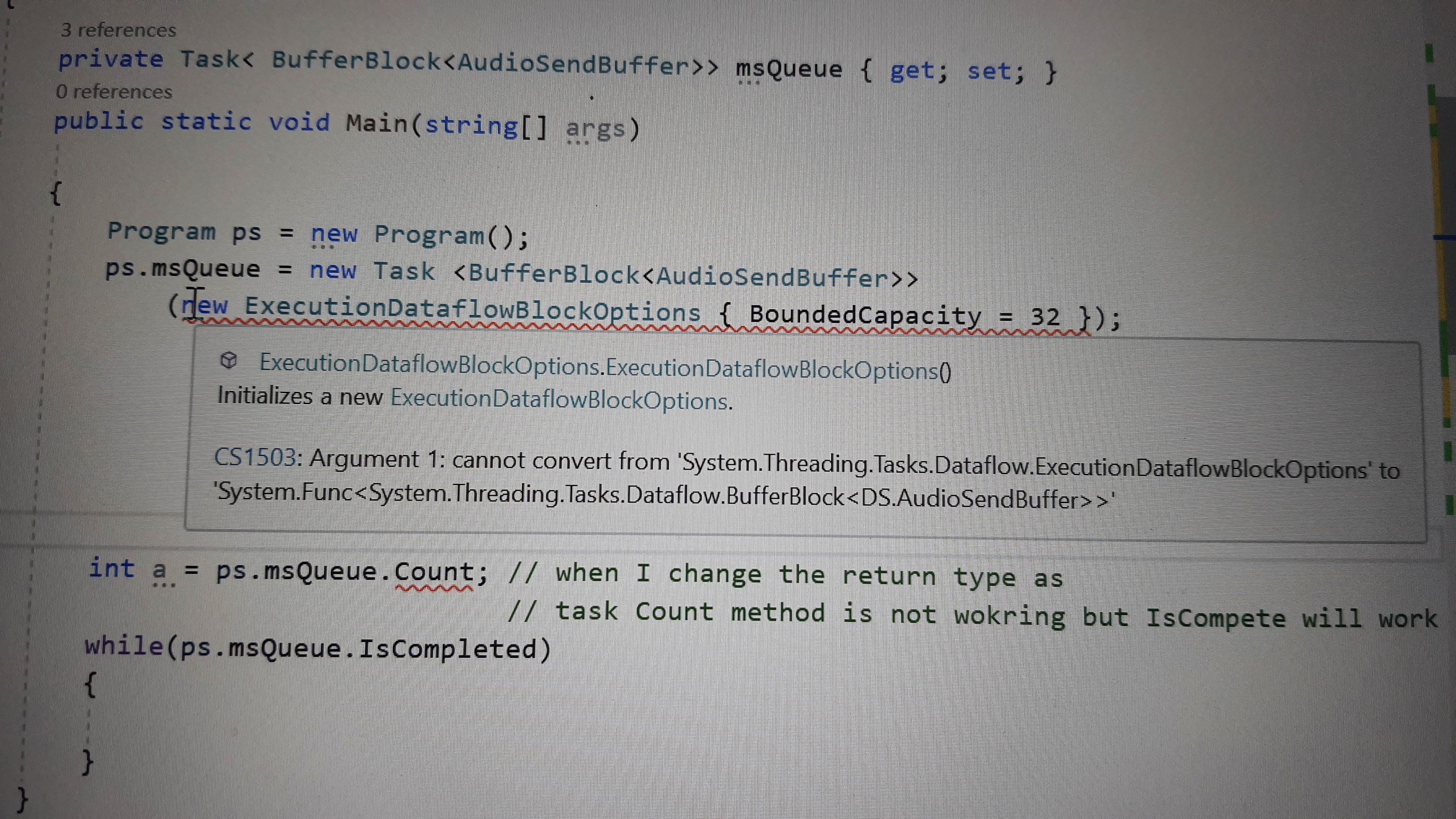 Can not convert int to System.Threading.Tasks.Dataflow ... Can not convert int to System.Threading.Tasks.Dataflow ...