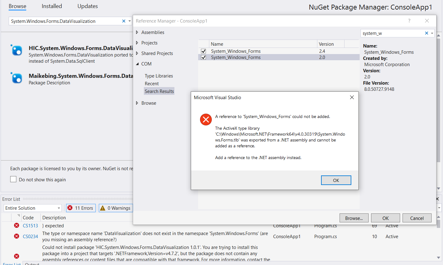 Cannot Reference System Windows Forms Datavisualization In A Console App Microsoft Qanda