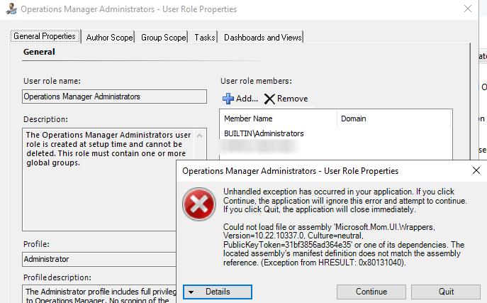 SCOM 2022 console crashes when adding administrator user role ... SCOM 2022 console crashes when adding administrator user role ...