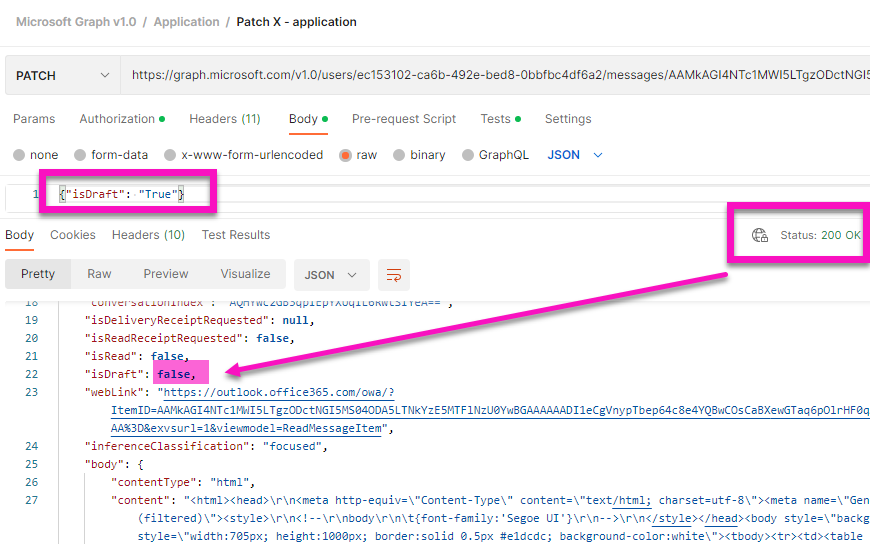 Why is MS Graph API returning 200 when patching an email to isDraft=true fails (isDraft=false is ...