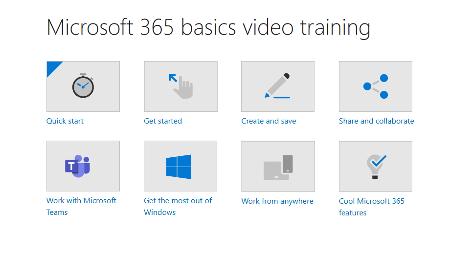 The Microsoft 365 basics video training page has a broken link ...