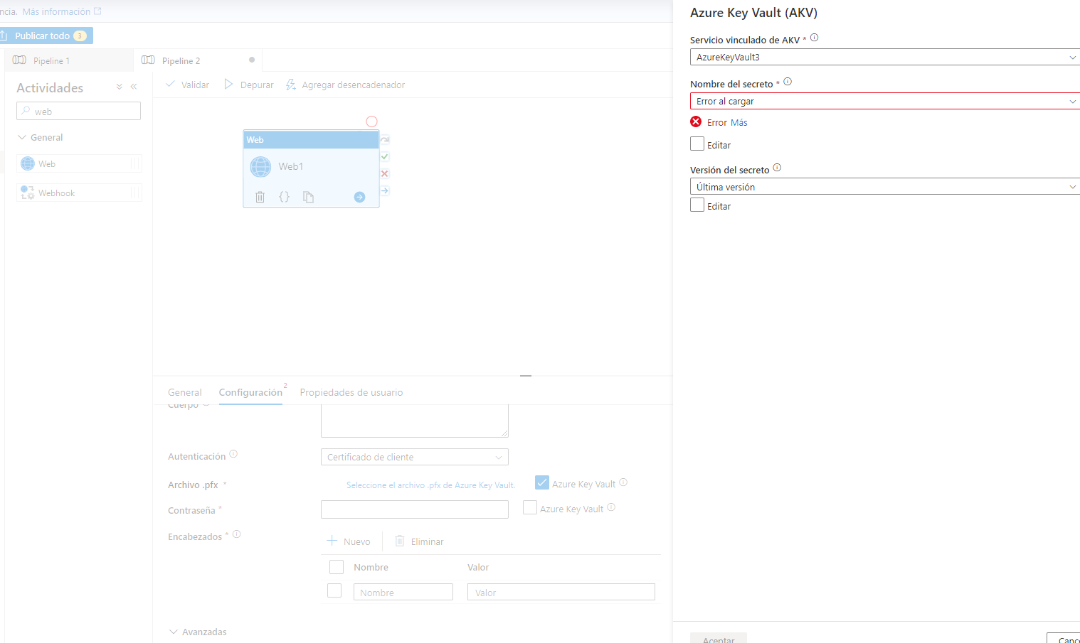 How to linked key vault cert to web activity autentication - Microsoft Q&A