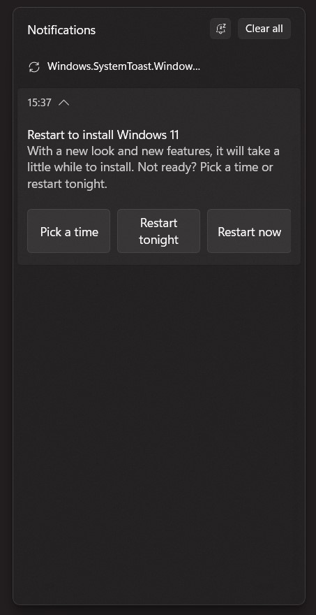 Install Win 11 after restart pop-up message after installation ... Install Win 11 after restart pop-up message after installation ...