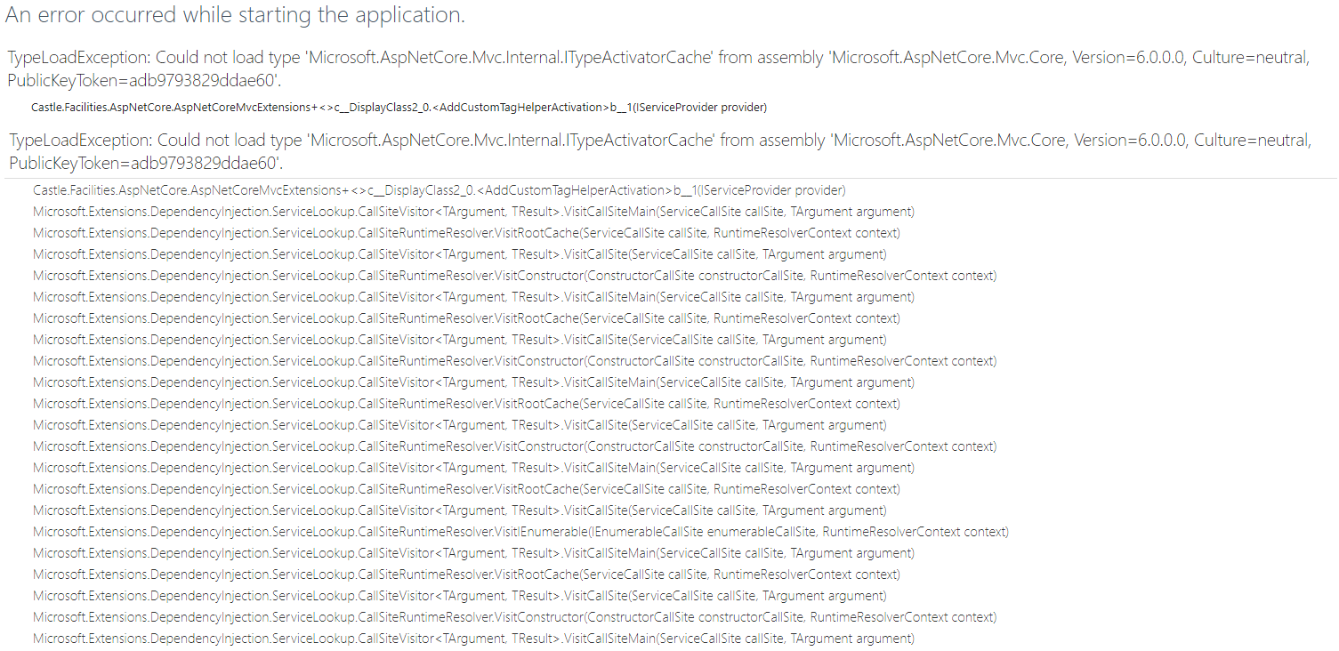 TypeLoadException: Could not load type 'Microsoft.AspNetCore.Mvc ... TypeLoadException: Could not load type 'Microsoft.AspNetCore.Mvc ...