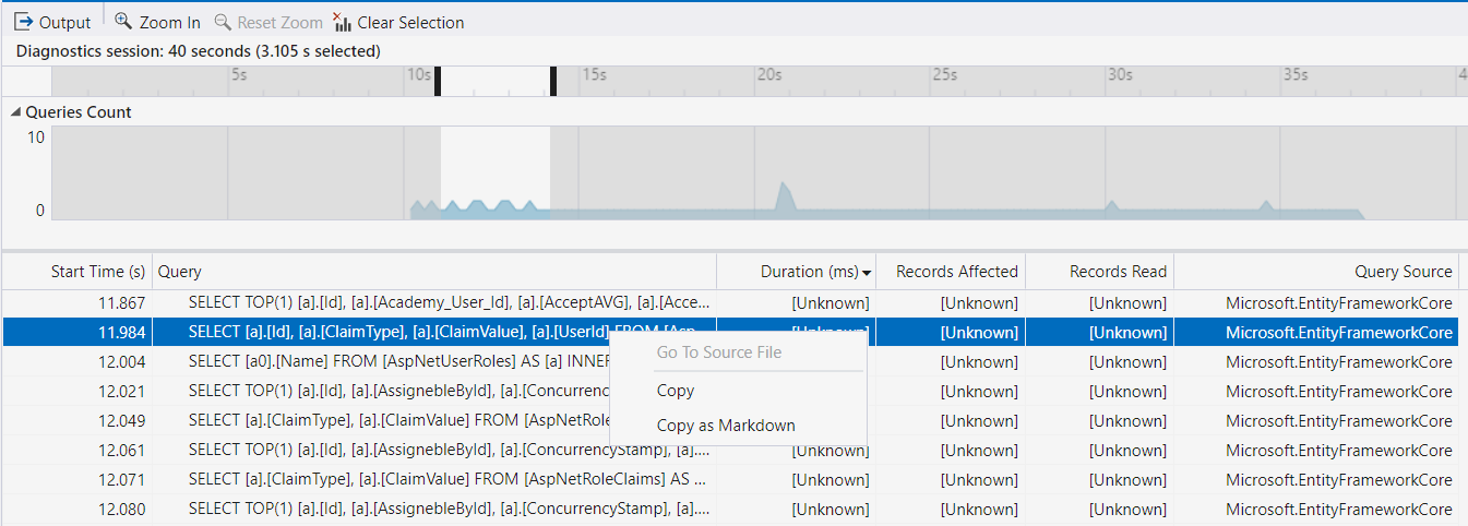 Performance profiling Database Tool reports unknown duration, no source files - Microsoft Q&A
