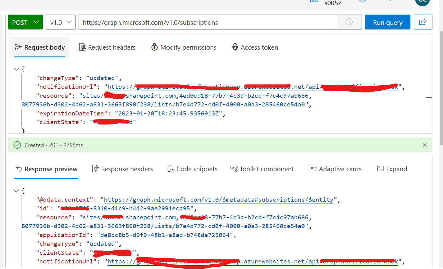 Error 401 unathorized when trying to subscribe to a sharepoint list - Microsoft Q&A