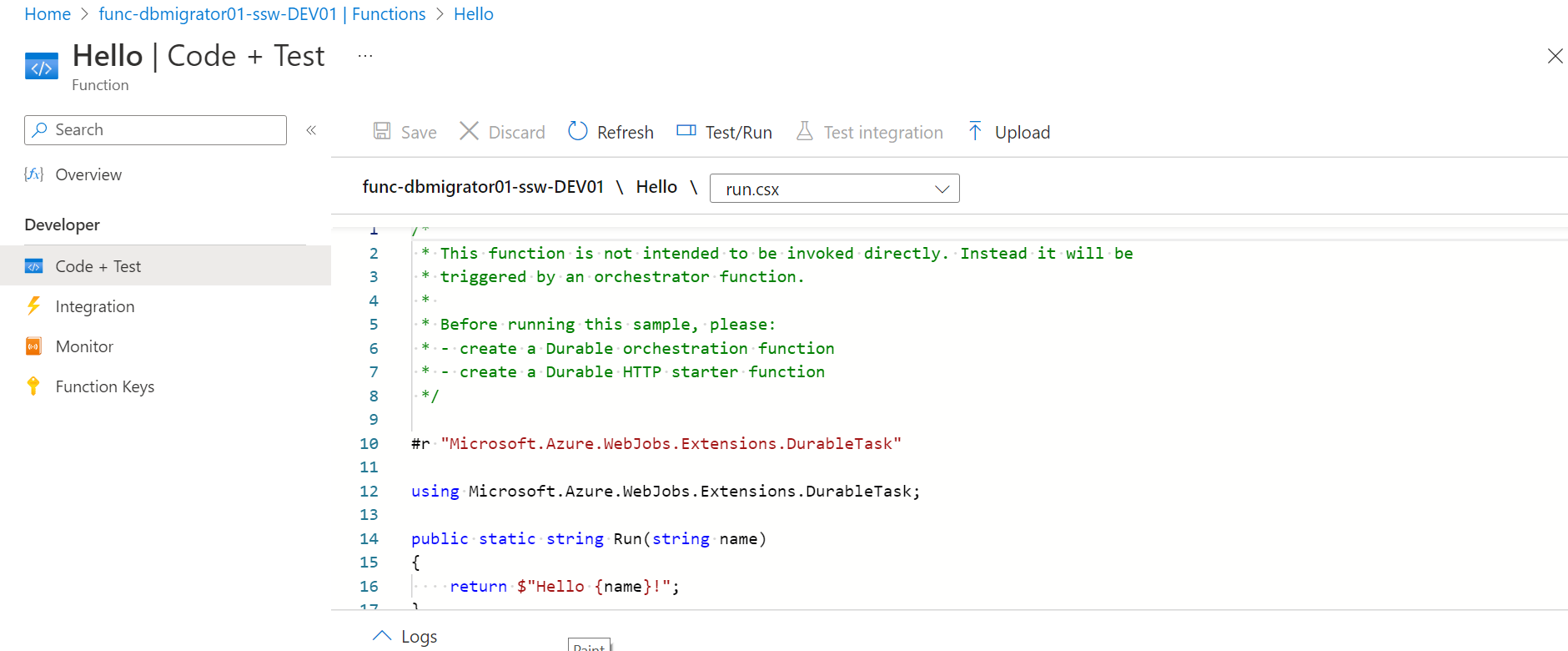 Newly created durable function with default code in azure portal ... Newly created durable function with default code in azure portal ...