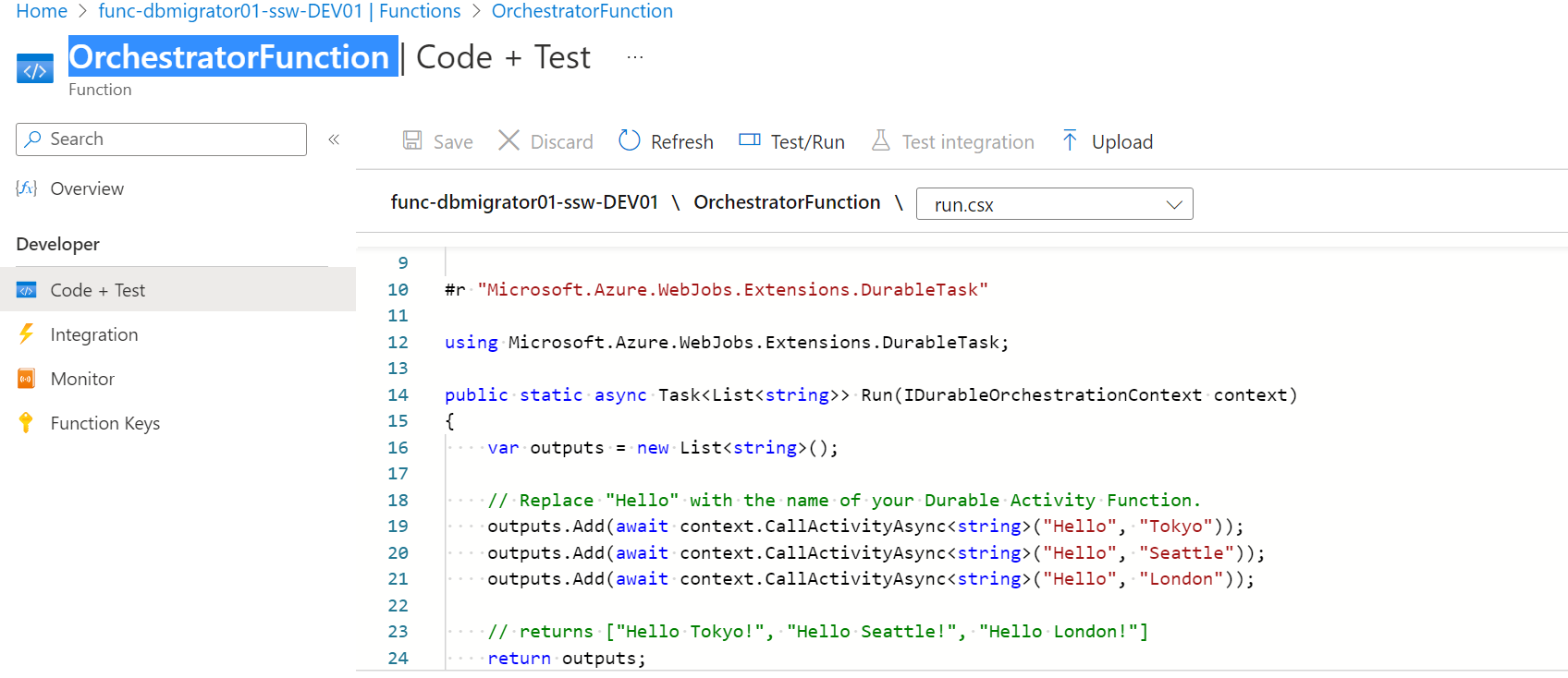 Newly created durable function with default code in azure portal ... Newly created durable function with default code in azure portal ...