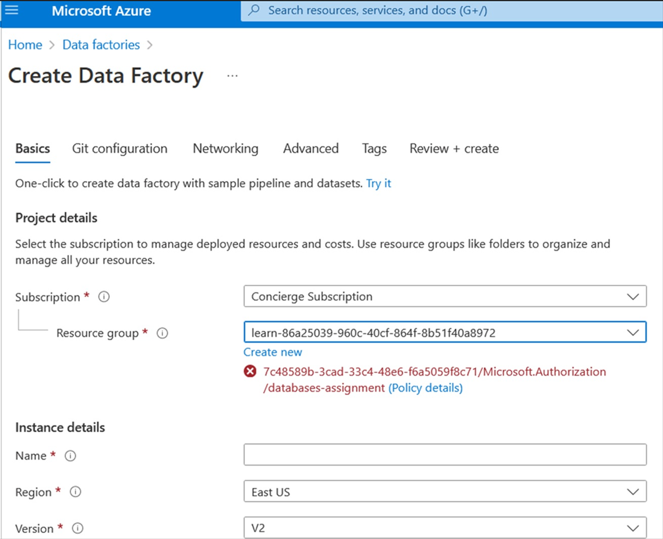 Problem with Azure free account - resource group error creating ADF - Microsoft Q&A