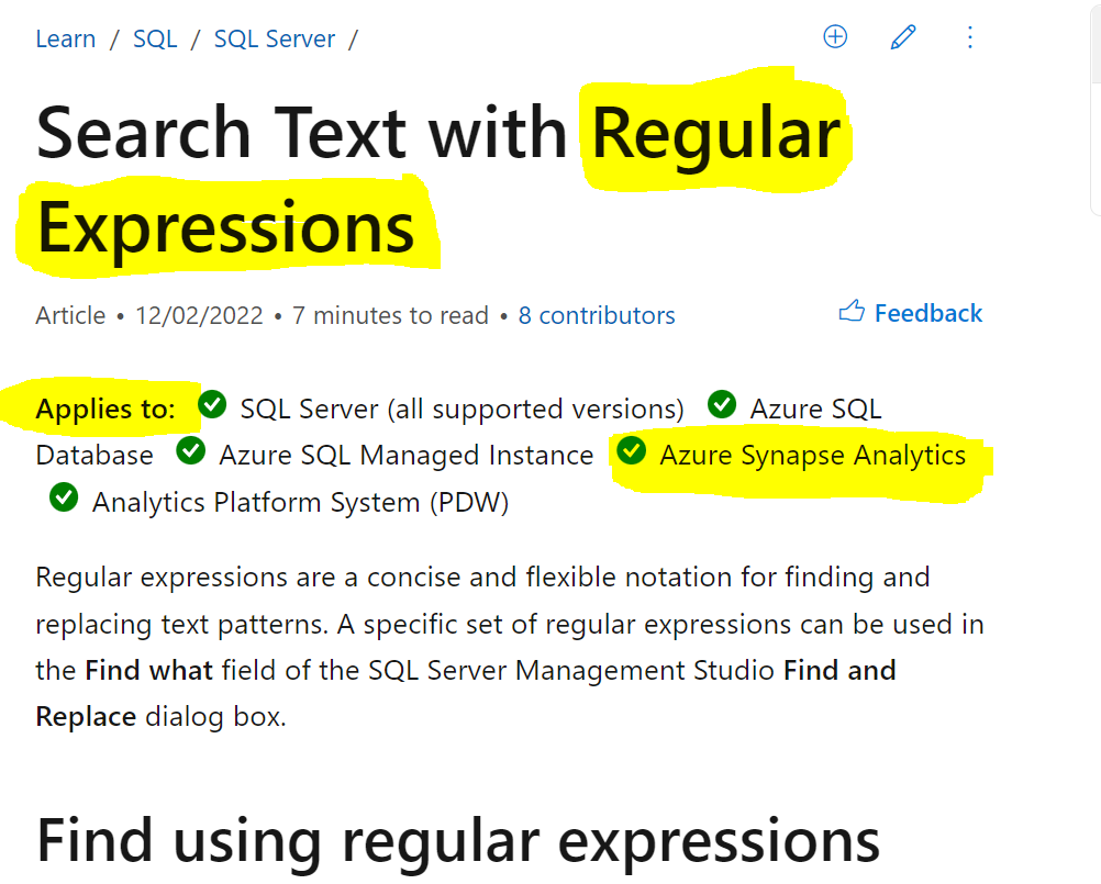 Preview Of Regular Expressions Azure Synapse Analytics Microsoft Qanda