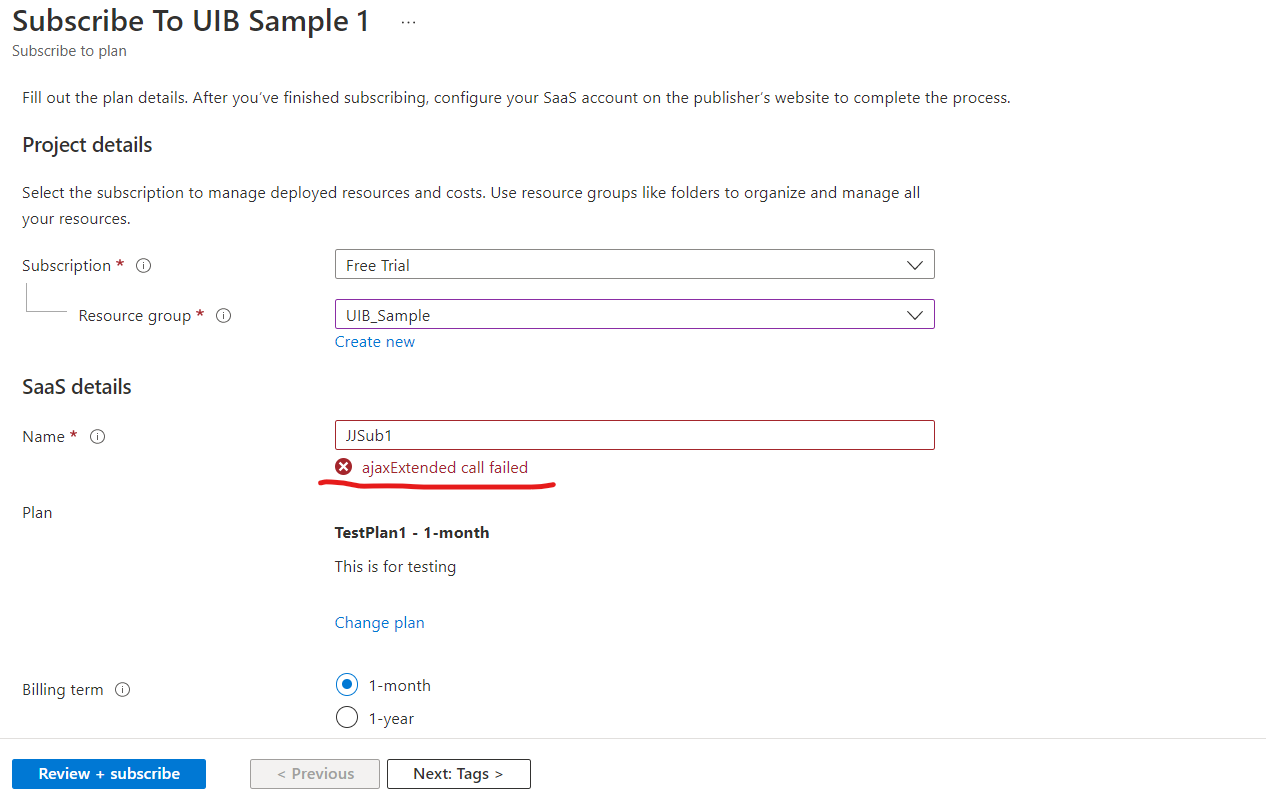 SaaS subscrition produces "ajaxExtended call failed" error when I enter (any) value for ...