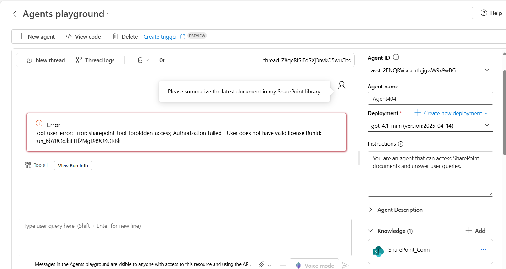 Error connecting SharePoint site through azure ai foundry agent - Microsoft Q&A