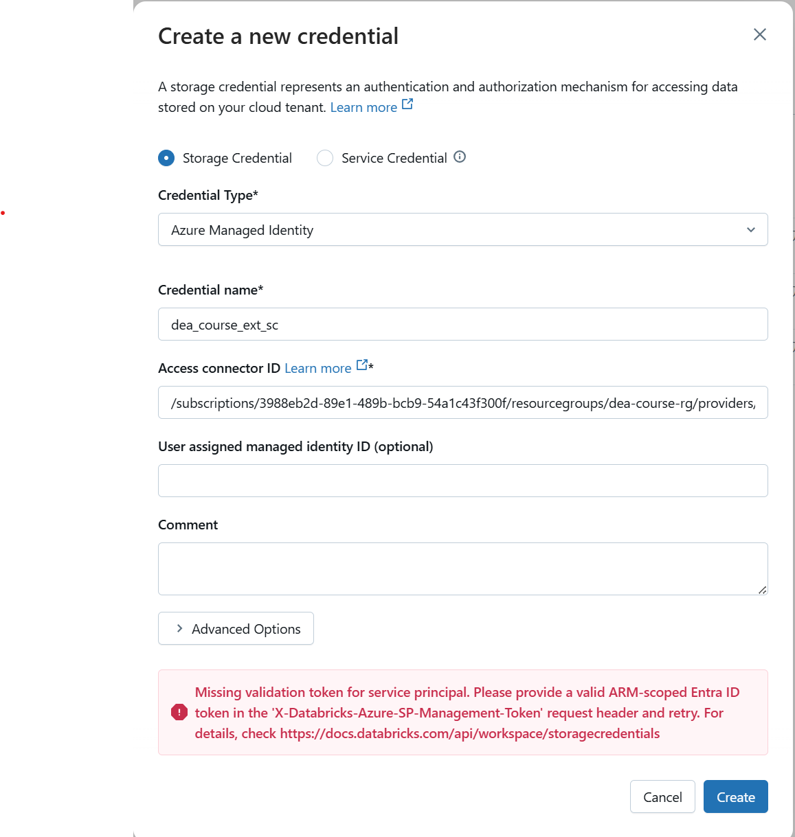 Error creating service credentials from Access Connector in Azure Databricks - Microsoft Q&A