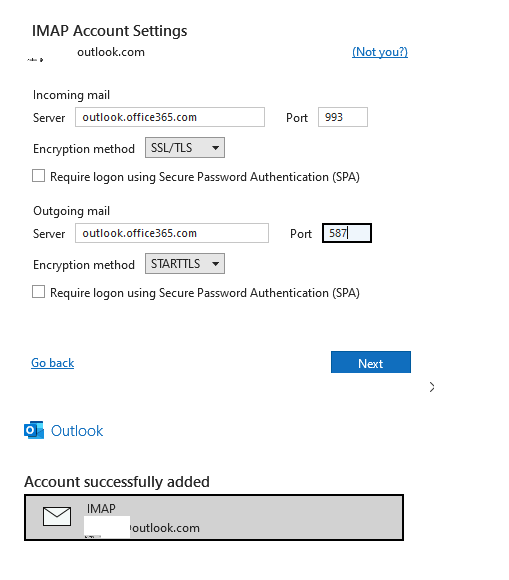 Error in configurated an IMAP Email Account in Outlook - Microsoft Q&A