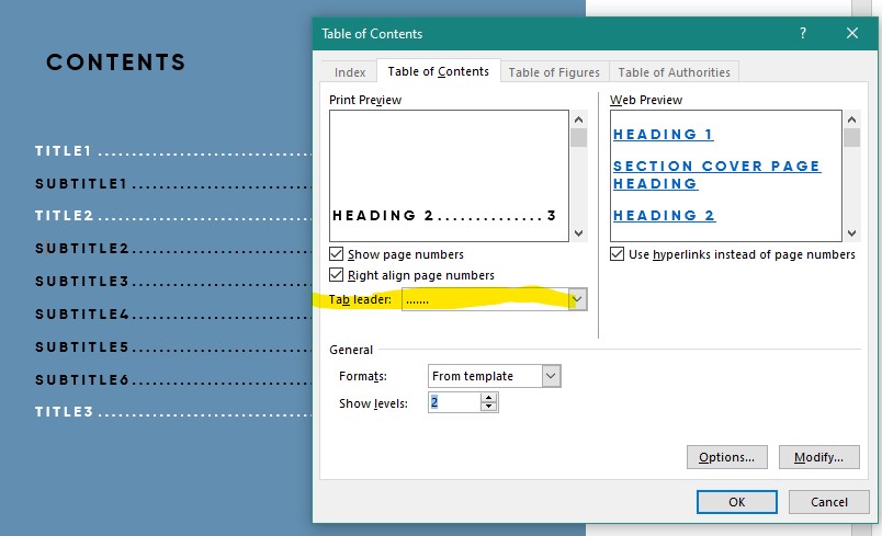 Table of contents tab leaders keeps showing dots - Microsoft Q&A