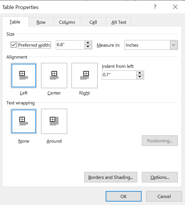 Word Table "Positioning ..." button is disabled / grayed out in Table Properties - Microsoft Q&A