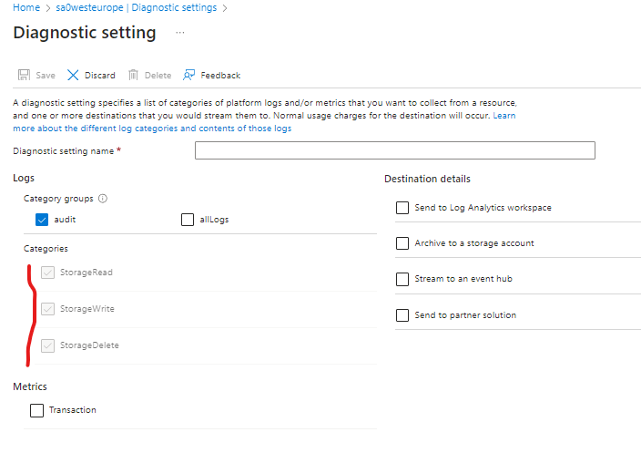 Storage accounts diagnostic settings differs between two regions ...