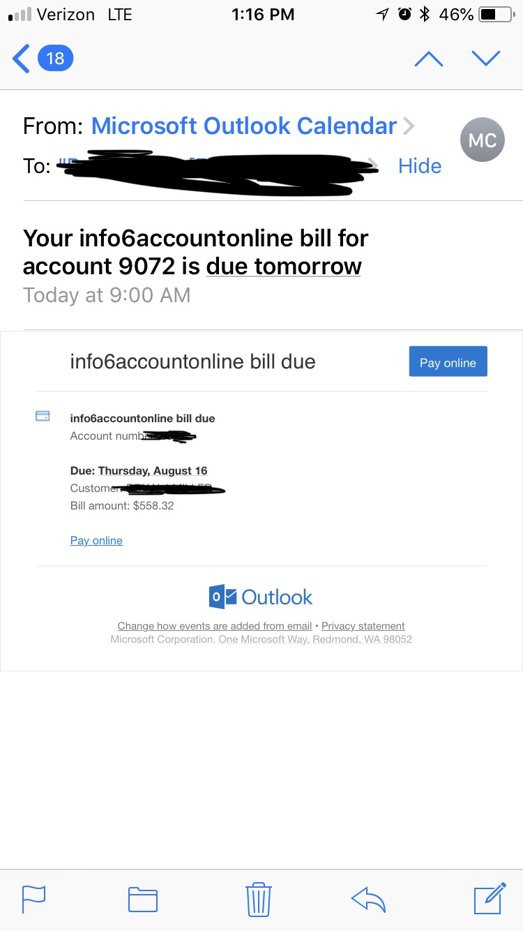 Bill due email - Microsoft Q&A