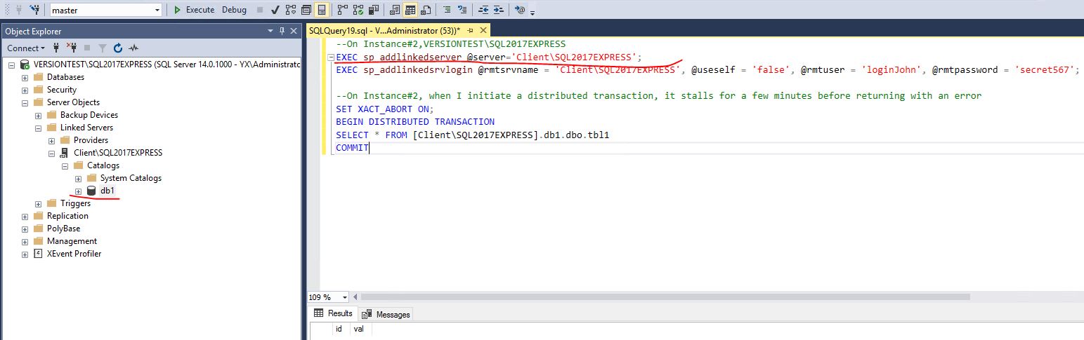 Stacked instances of SQL 2017 Express, unable to complete a distributed ...