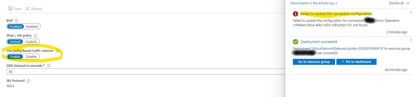 Cannot enable "Use policy based traffic selector" for a VPN S2S Connection - Microsoft Q&A