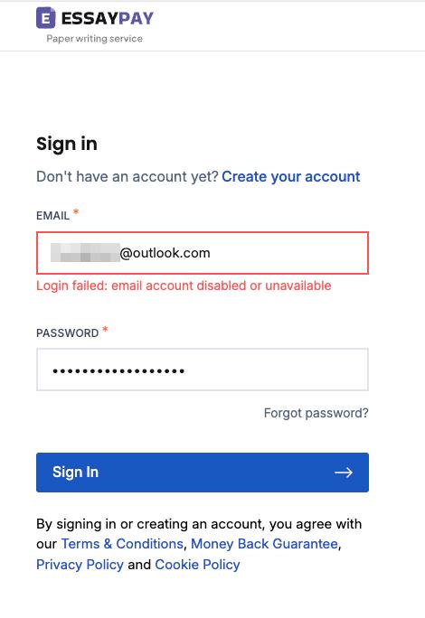 Unable to log in to Essaypay "Login failed: email account disabled or ...
