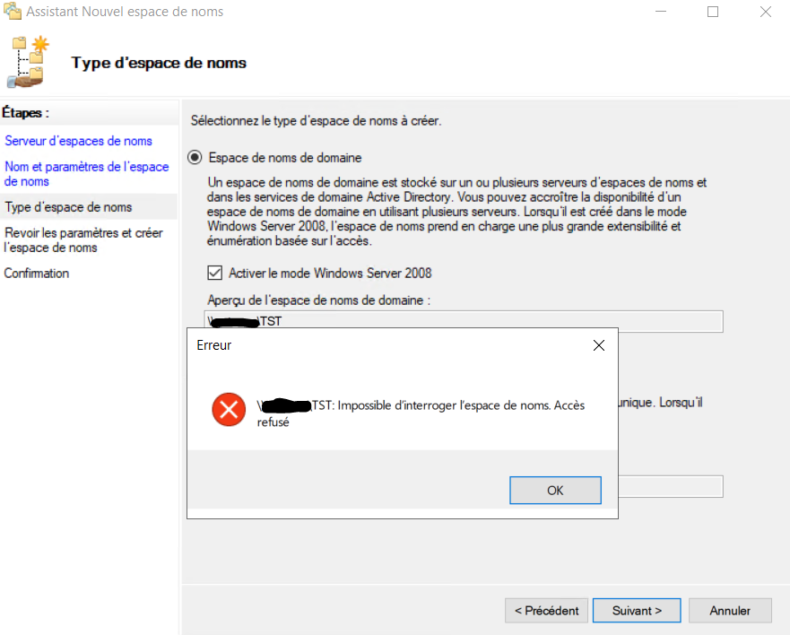 DFS : Can't add a new namespace, access denied even as domain admin - Microsoft Q&A