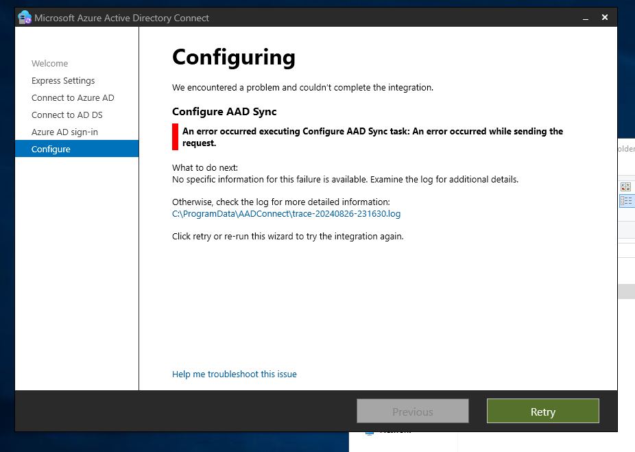 An Error Occured Executing Configure Aad Sync An Error Occured While Sending The Request
