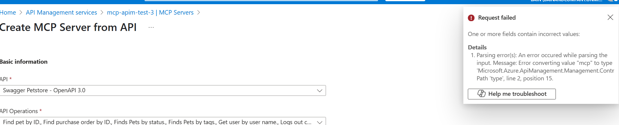 Azure APIM - MCP server creation causes error. - Microsoft Q&A