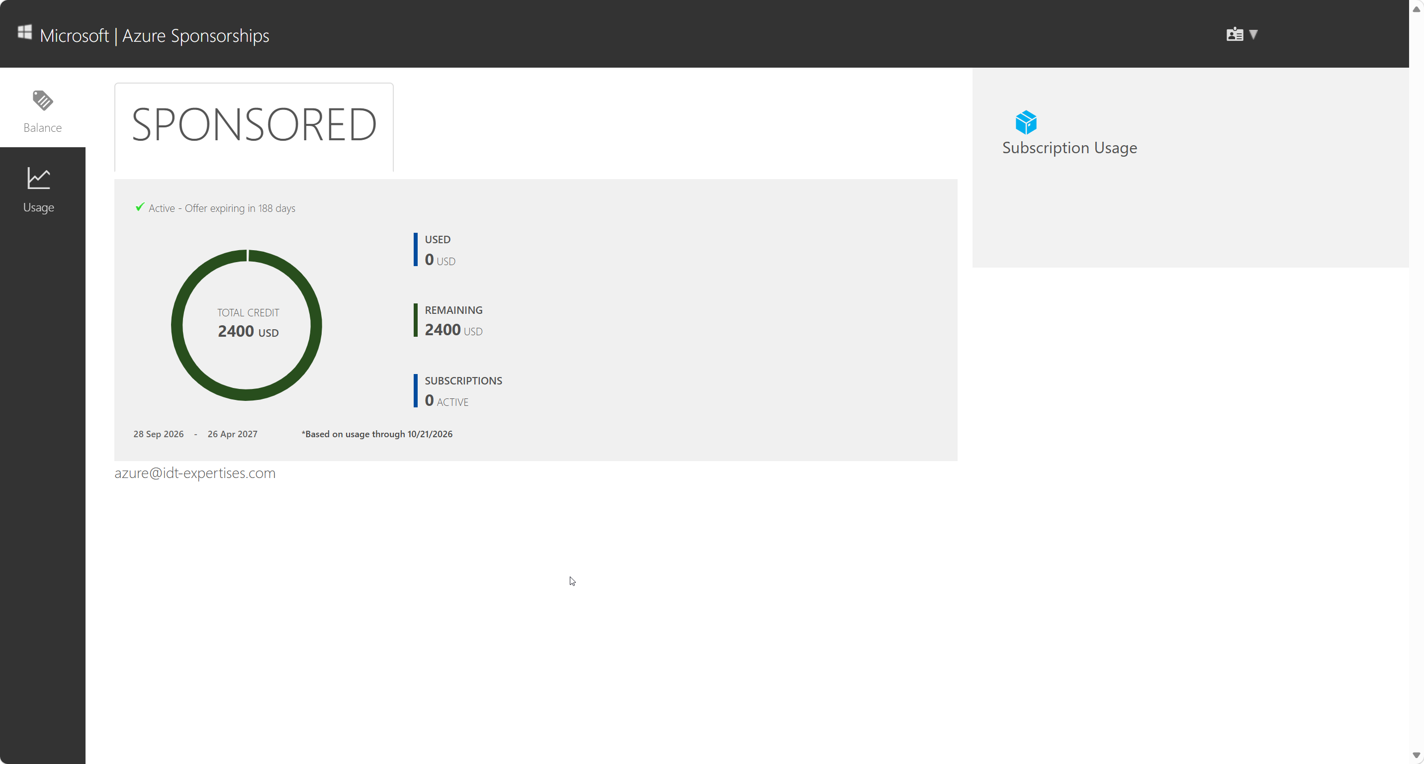J'ai acheter 2400 USD de crédit azure via le PARTNER Portal de ...